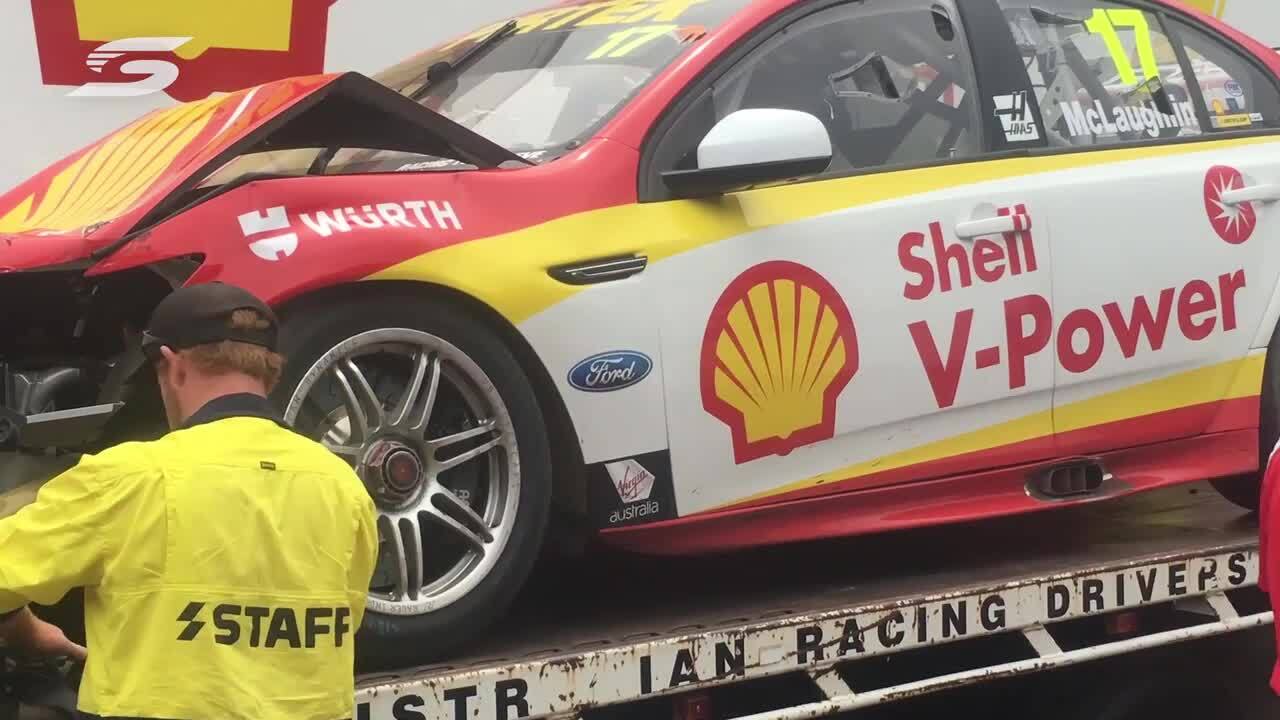 McLaughlin's wrecked Falcon returns to garage | Supercars