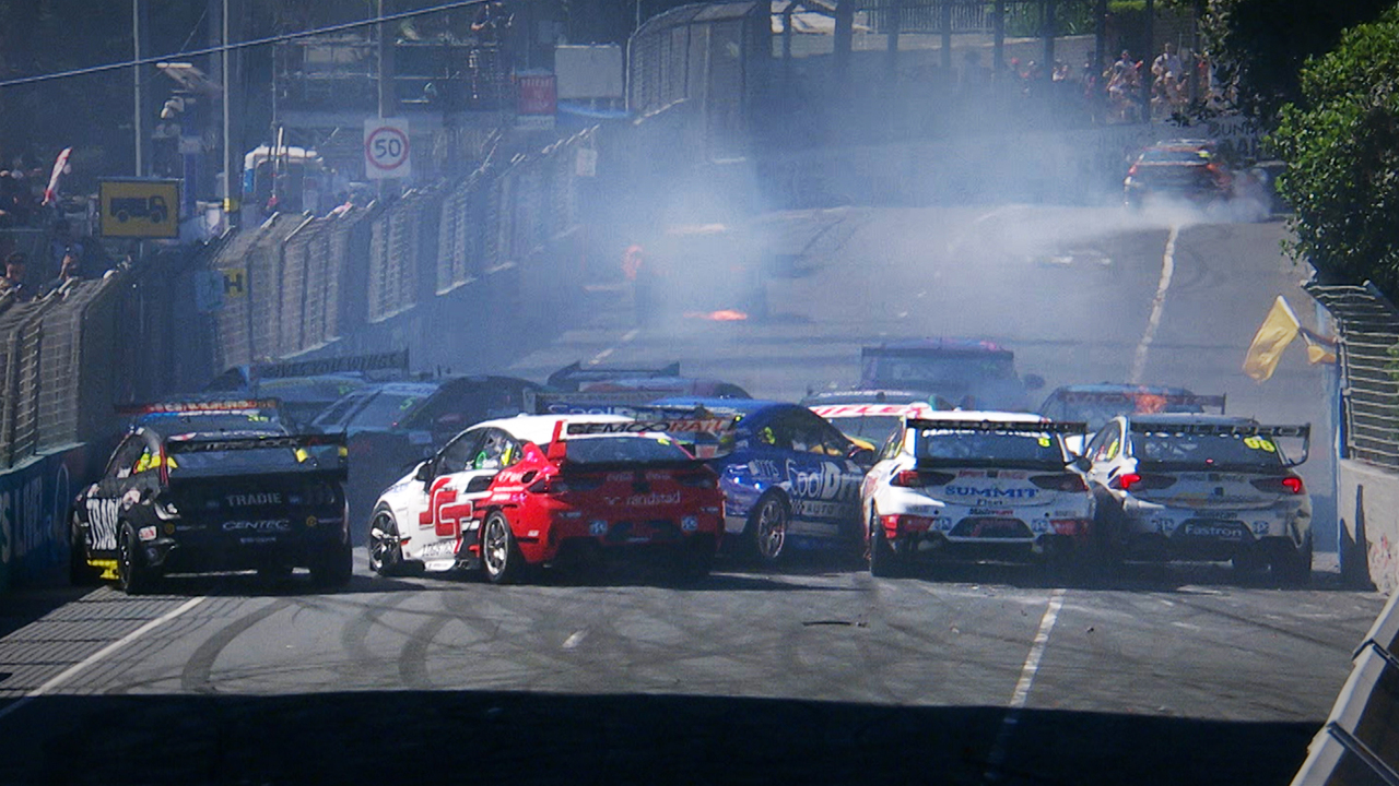 Fire erupts as multiple cars wrecked in huge crash | Supercars